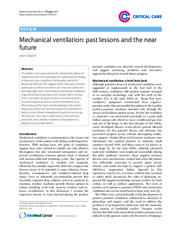 (PDF) Mechanical ventilation: past lessons and the near future