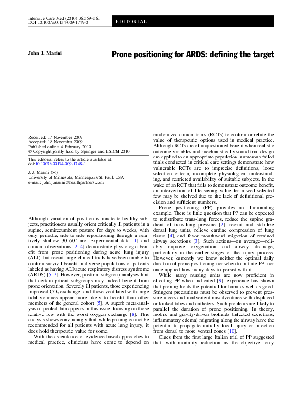 (PDF) Prone positioning for ARDS: defining the target
