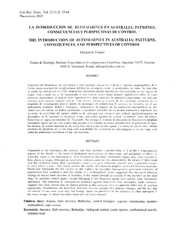 (PDF) La introducción de Bufo marinus en Australia: patrones ...