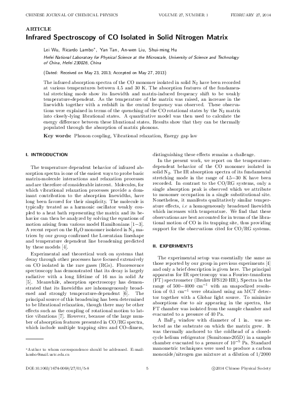 (PDF) Infrared Spectroscopy of CO Isolated in Solid Nitrogen Matrix