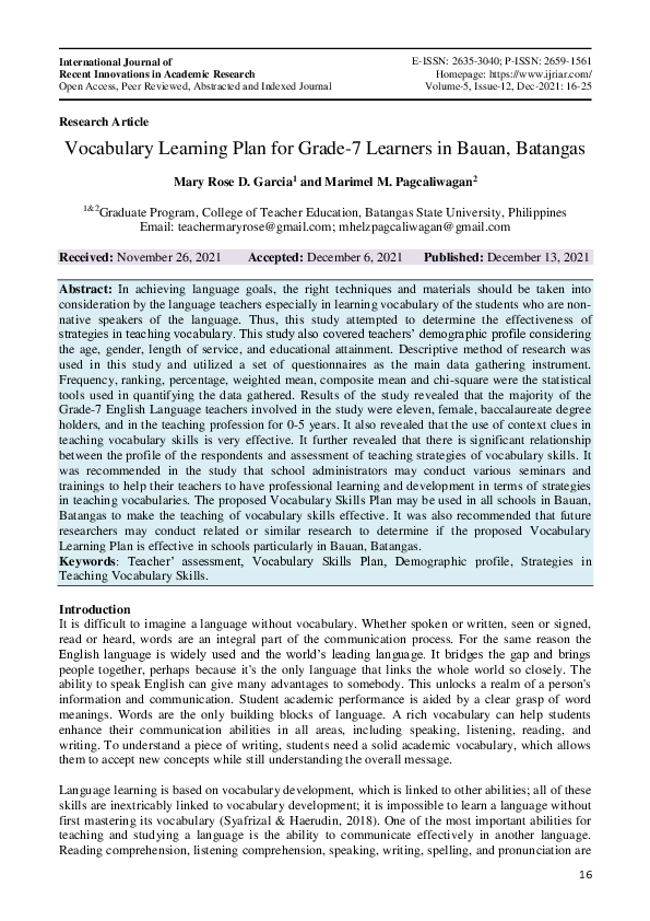 (PDF) Vocabulary Learning Plan for Grade-7 Learners in Bauan, Batangas