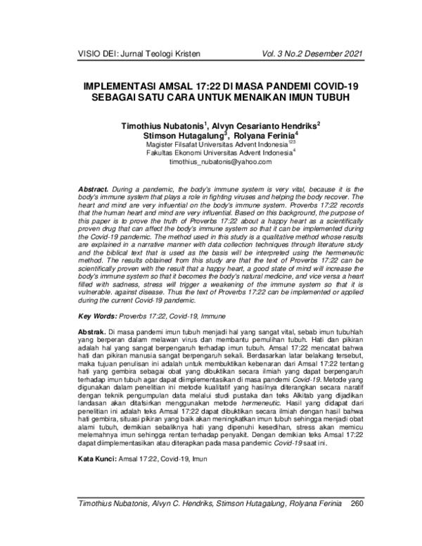 (PDF) Implementasi Amsal 17:22 DI Masa Pandemi COVID-19 Sebagai Satu Cara Untuk Menaikan Imun Tubuh