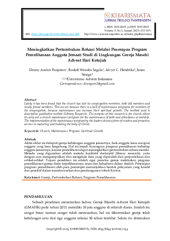 (PDF) Meningkatkan Pertumbuhan Rohani Melalui Penerapan Program Pemeliharaan Anggota Jemaat ...