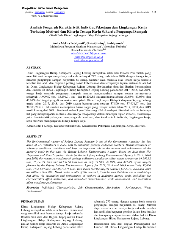 (PDF) Analisis Pengaruh Karakteristik Individu, Pekerjaan dan Lingkungan Kerja Terhadap Motivasi ...