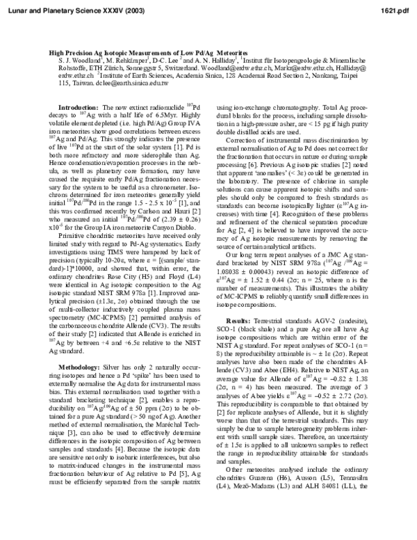 Pdf High Precision Ag Isotopic Measurements Of Low Pd Ag Meteorites