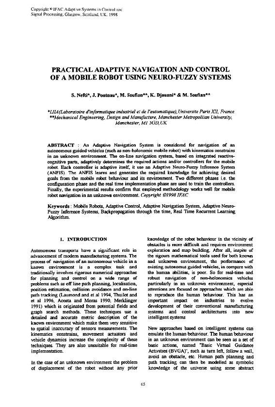 Pdf Practical Adaptive Navigation And Control Of A Mobile Robot Using Neuro Fuzzy Systems