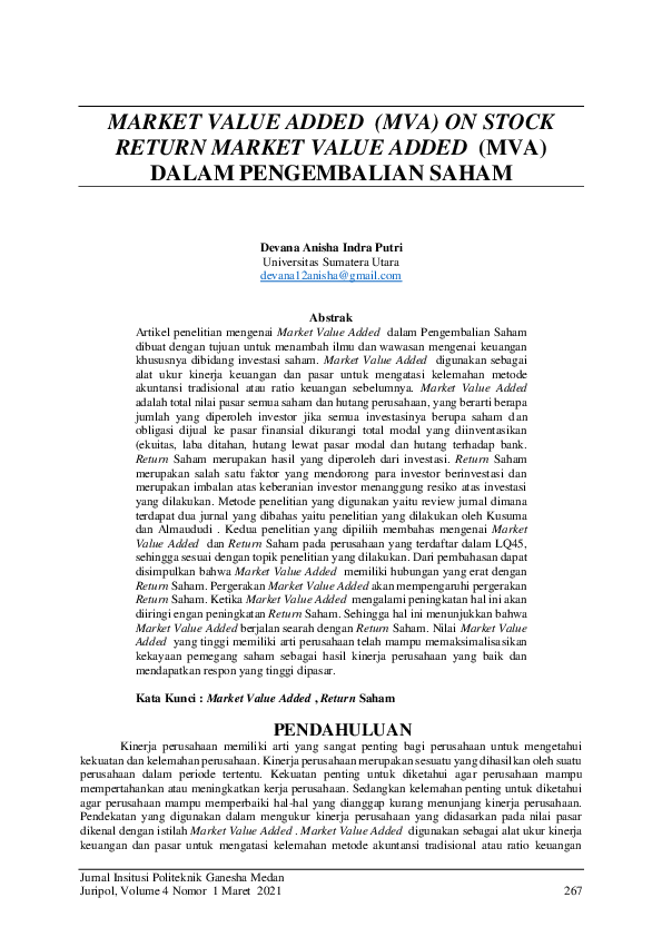 (PDF) Market Value Added (Mva) on Stock Return Market Value Added (Mva ...