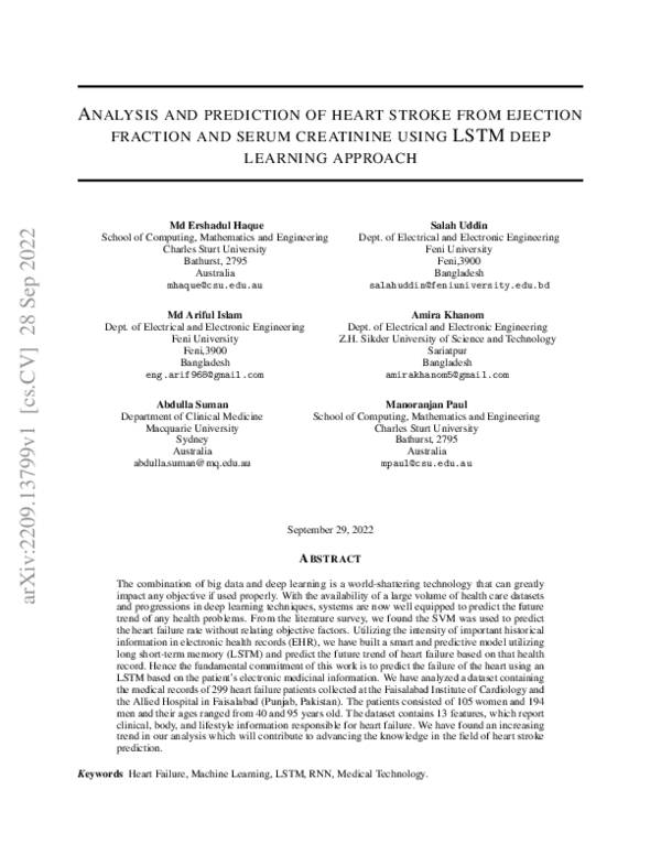 Pdf Analysis And Prediction Of Heart Stroke From Ejection Fraction And Serum Creatinine Using
