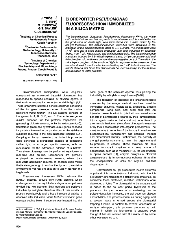 (PDF) Bioreporter pseudomonas fluorescens HK44 immobilized in a silica ...