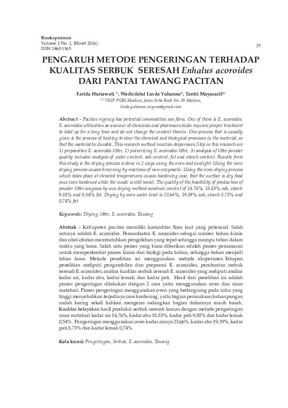 (PDF) PENGARUH METODE PENGERINGAN TERHADAP KUALITAS SERBUK SERESAH ...