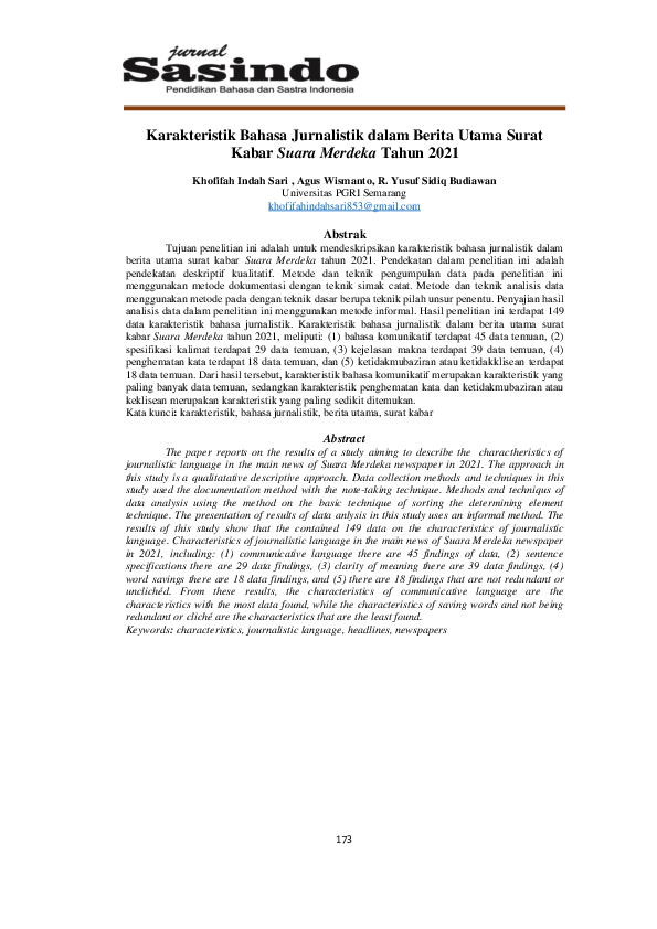 (PDF) Karakteristik Bahasa Jurnalistik dalam Berita Utama Surat Kabar ...