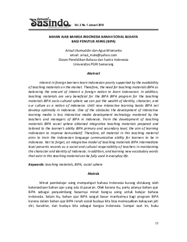 (PDF) Bahan Ajar Bahasa Indonesia Ranah Sosial Budaya Bagi Penutur Asing (Bipa)