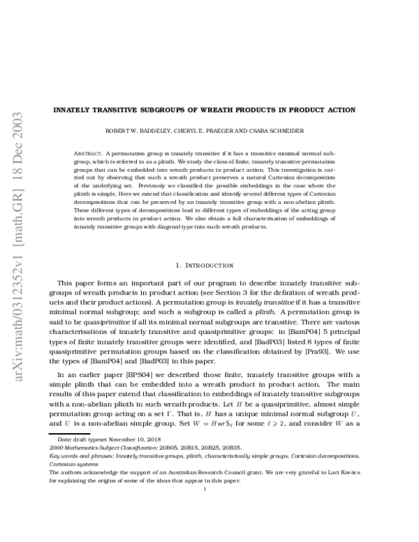 (PDF) Innately transitive subgroups of wreath products in product action