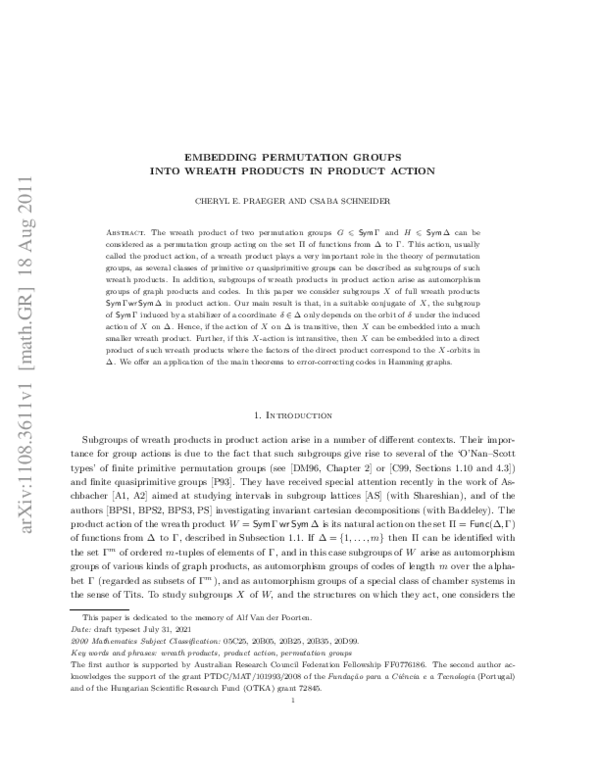 (PDF) C.: Embedding permutation groups into wreath products in product action