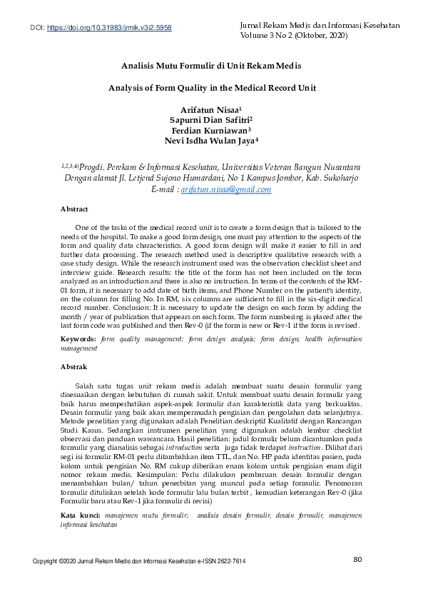 (PDF) Analisis Mutu Formulir di Unit Rekam Medis
