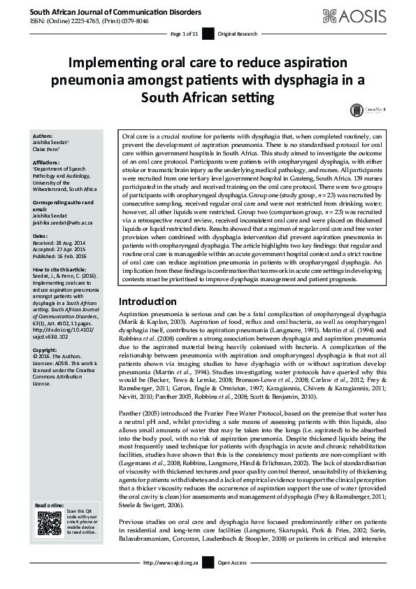 (PDF) Implementing oral care to reduce aspiration pneumonia amongst ...