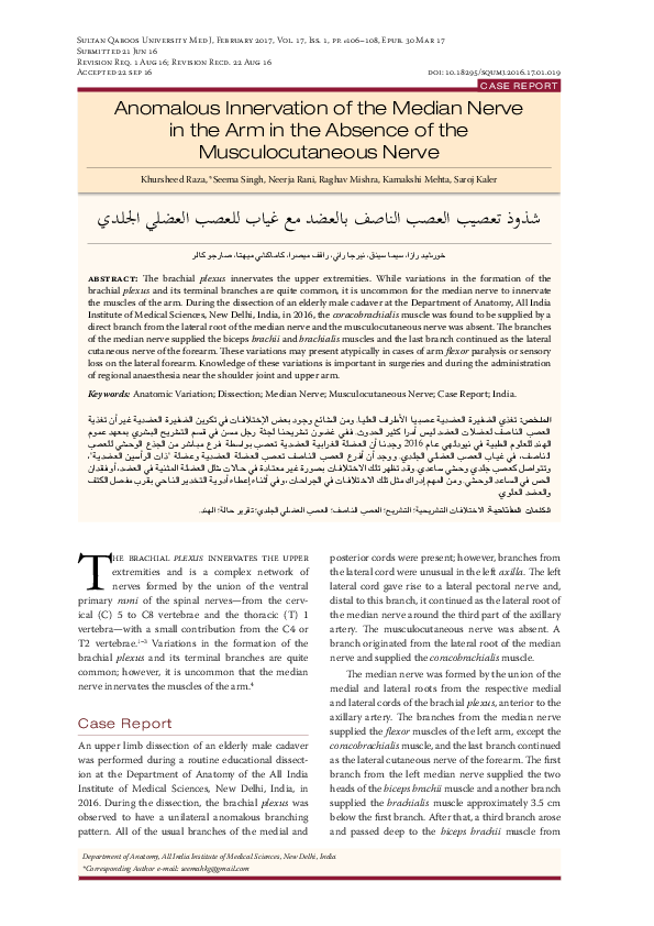(PDF) Anomalous Innervation of the Median Nerve in the Arm in the ...