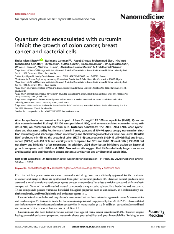 (PDF) Quantum dots encapsulated with curcumin inhibit the growth of ...