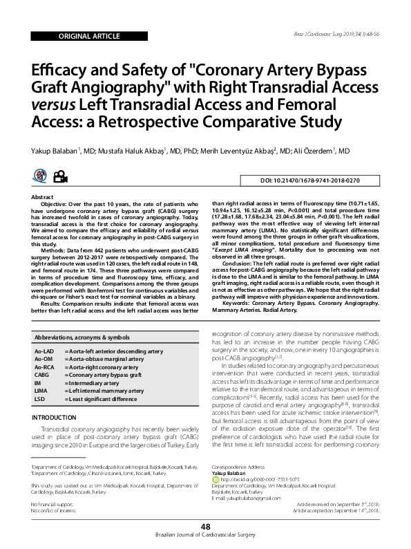 (PDF) Efficacy and Safety of "Coronary Artery Bypass Graft Angiography" with Right Transradial ...
