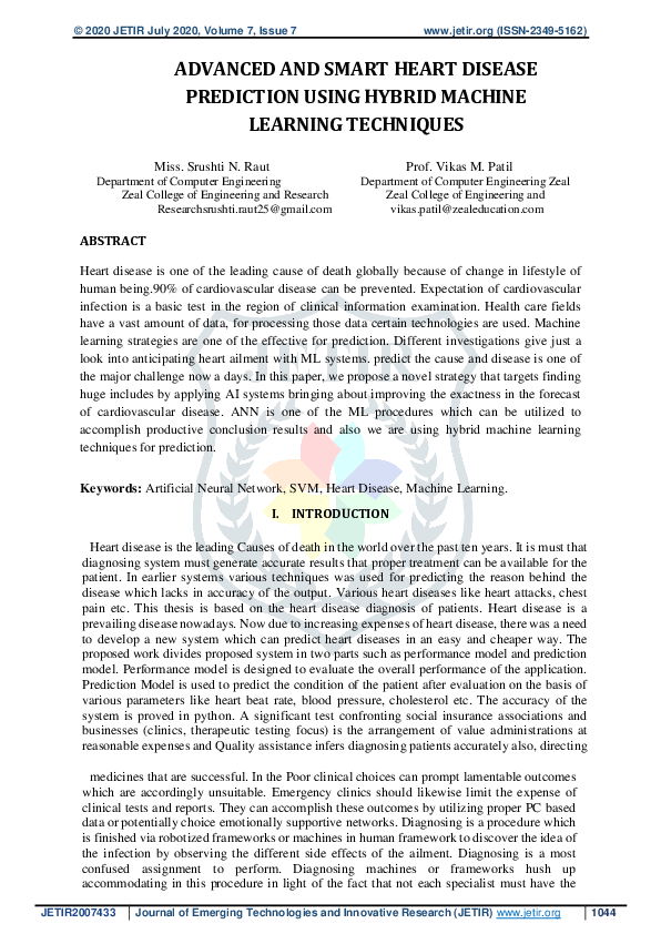 (PDF) Advanced and Smart Heart Disease Prediction Using Hybrid Machine Learning Techniques