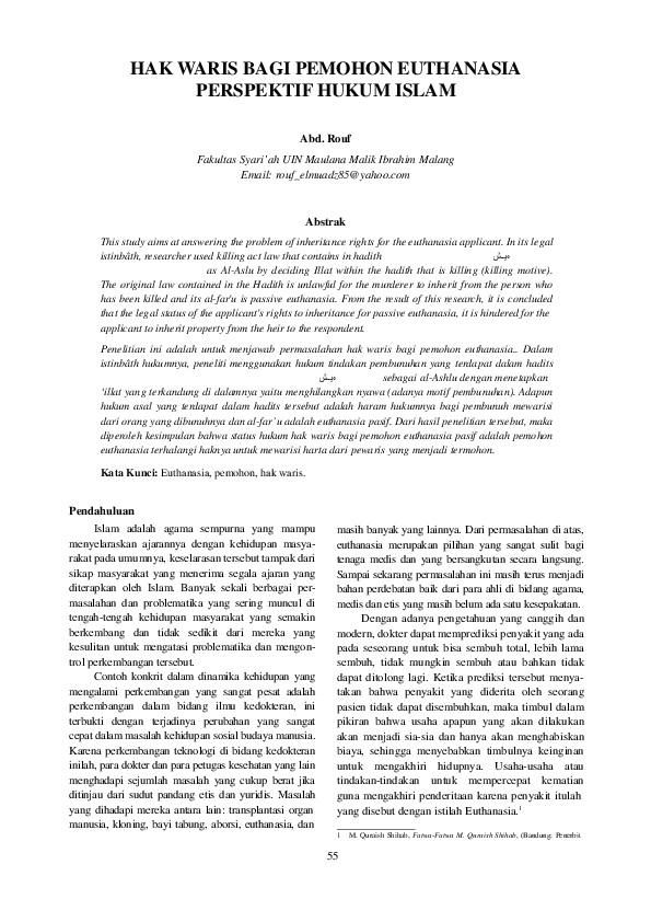 (PDF) Hak Waris Bagi Pemohon Euthanasia Perspektif Hukum Islam | Abd Rouf - Academia.edu