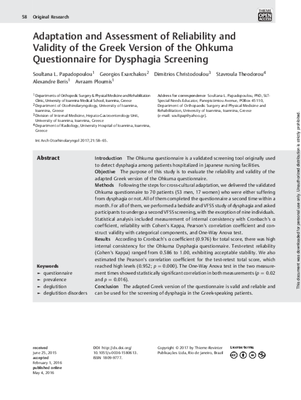 (PDF) Adaptation and Assessment of Reliability and Validity of the ...