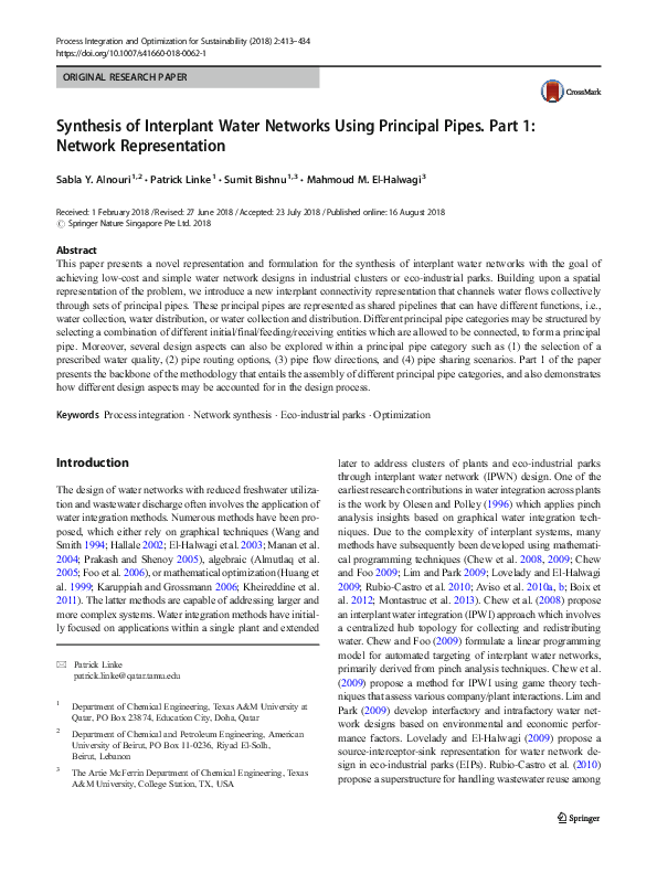 (PDF) Synthesis of Interplant Water Networks Using Principal Pipes—Part 2: Network Optimization ...
