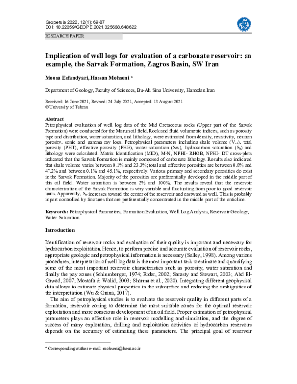 (PDF) Implication of well logs for evaluation of a carbonate reservoir ...