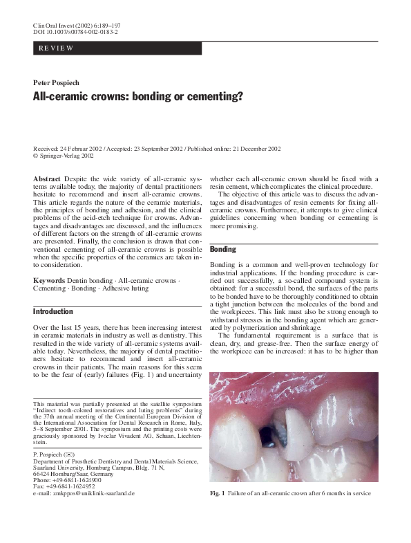 (PDF) All-ceramic crowns: bonding or cementing?