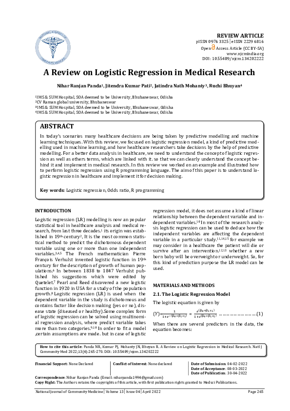 Pdf A Review On Logistic Regression In Medical Research