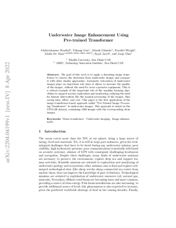 (PDF) Underwater Image Enhancement Using Pre-trained Transformer
