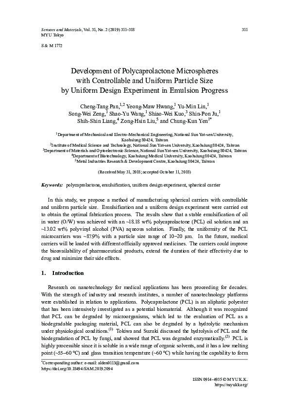 Pdf Development Of Polycaprolactone Microspheres With Controllable And Uniform Particle Size