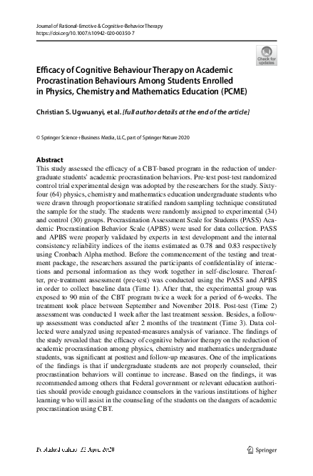 (PDF) Efficacy of Cognitive Behaviour Therapy on Academic ...