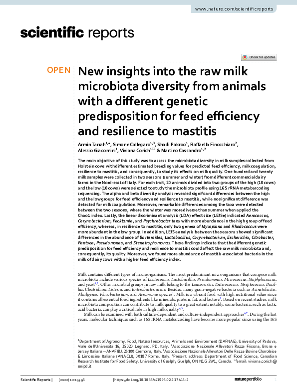 (PDF) New insights into the raw milk microbiota diversity from animals with a different genetic ...