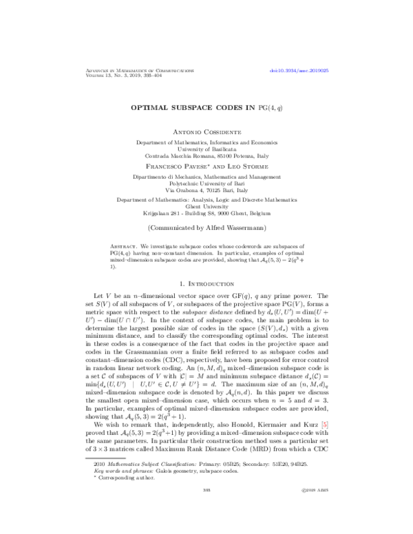 (PDF) Optimal subspace codes in \begin{document}$ {{\rm{PG}}}(4,q) $\end{document}