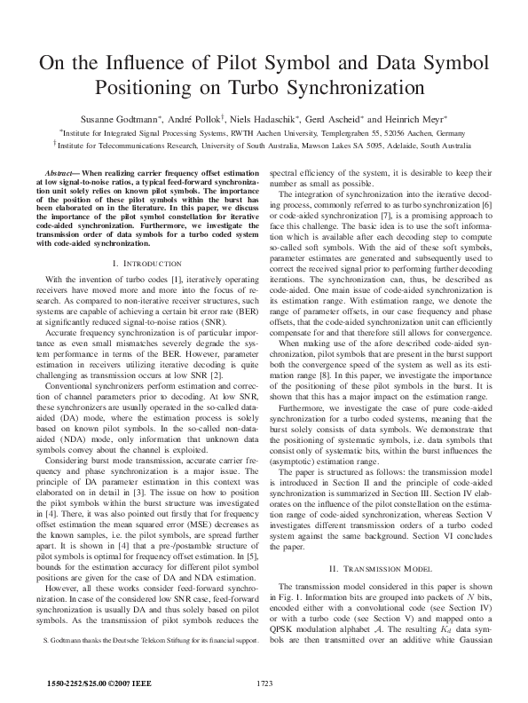 Pdf On The Influence Of Pilot Symbol And Data Symbol Positioning On Turbo Synchronization