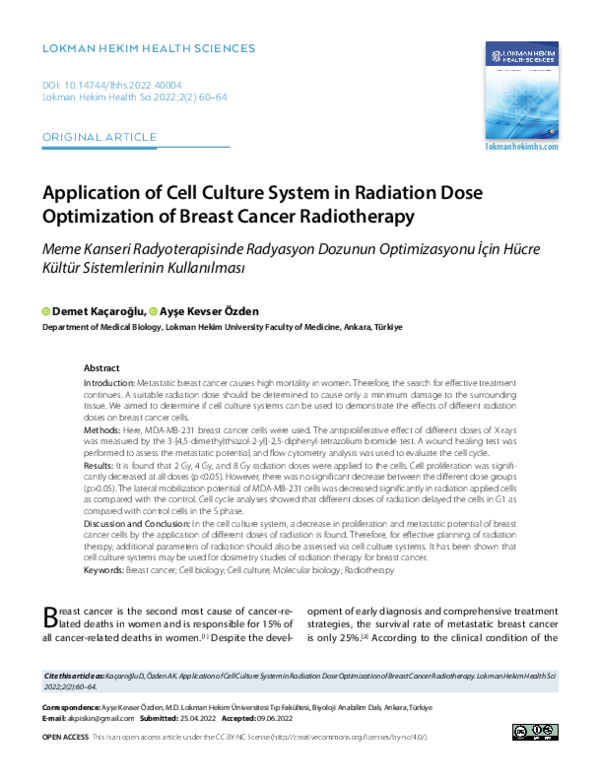 (PDF) Application Of Cell Culture System In Radiation Dose Optimization ...