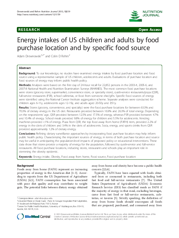 (PDF) Energy intakes of US children and adults by food purchase ...