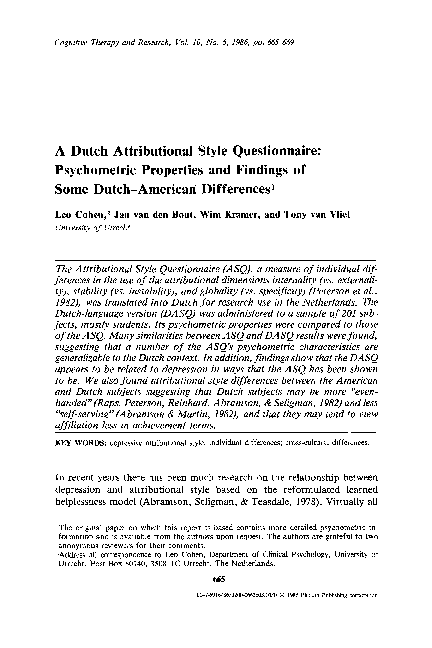 (PDF) A Dutch Attributional Style Questionnaire: Psychometric ...