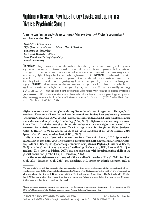 (PDF) Nightmare Disorder, Psychopathology Levels, and Coping in a ...