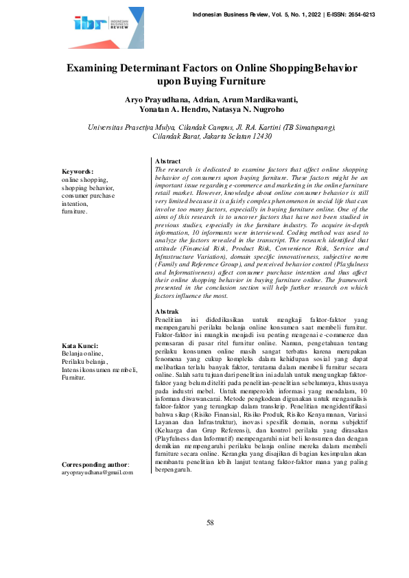 (PDF) Examining Determinant Factors on Online Shopping Behavior upon Buying Furniture