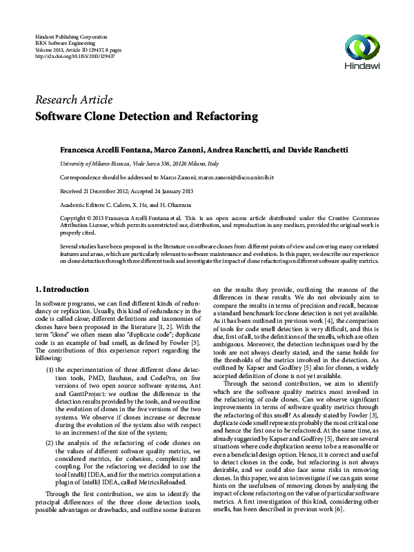 (PDF) Software Clone Detection and Refactoring