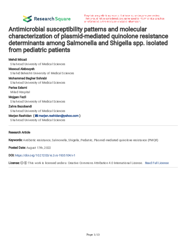 (PDF) Antimicrobial susceptibility patterns and molecular characterization of plasmid-mediated ...
