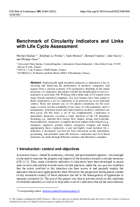 (PDF) Benchmark of Circularity Indicators and Links with Life Cycle ...