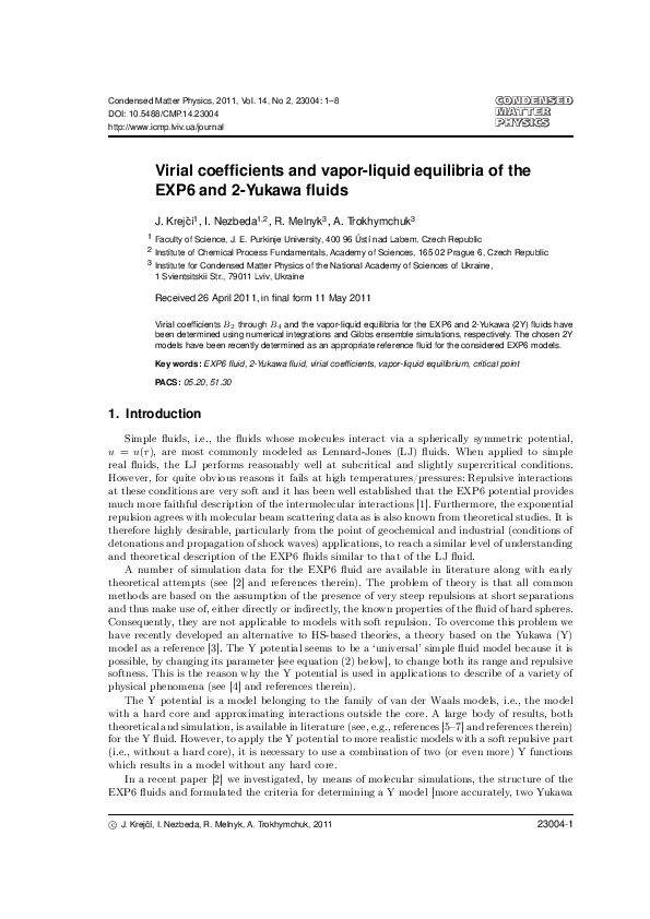(PDF) Virial coefficients and vapor-liquid equilibria of the EXP6 and 2-Yukawa fluids