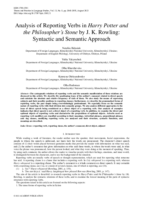 (PDF) Analysis of Reporting Verbs in Harry Potter and the Philosopher’s ...