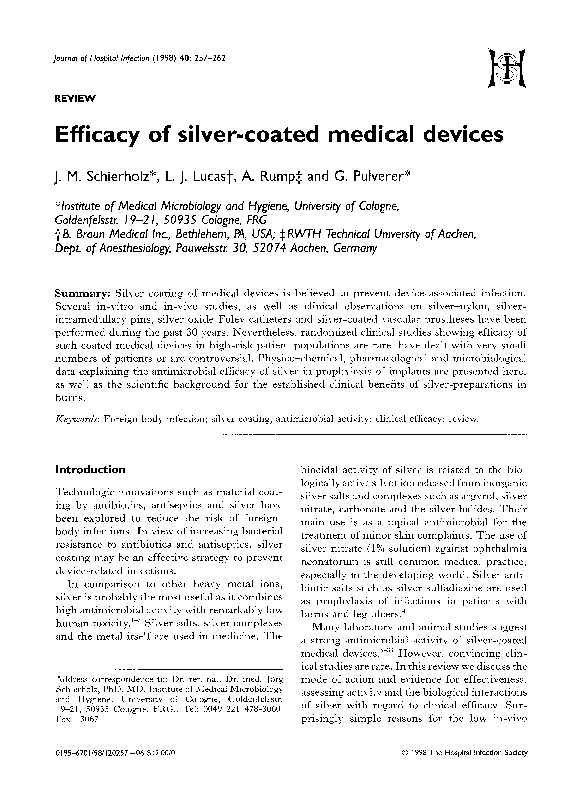 (PDF) Efficacy of silver-coated medical devices