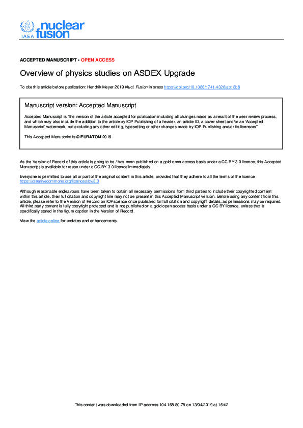 (PDF) Overview of physics studies on ASDEX Upgrade