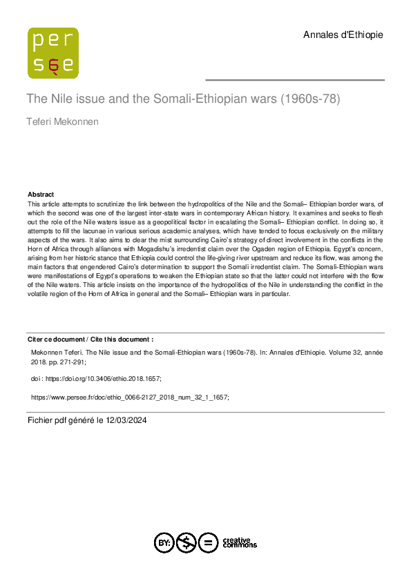 (PDF) The Nile issue and the Somali-Ethiopian wars (1960s-78