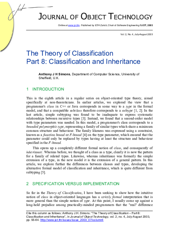 (PDF) The Theory of Classification, Part 8: Classification and Inheritance